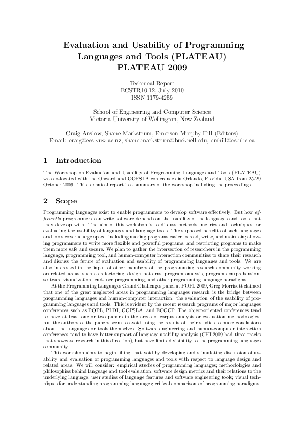 (PDF) Evaluation and usability of programming languages and tools (PLATEAU)