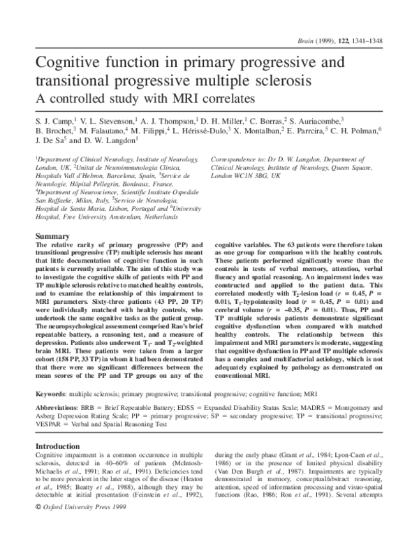 (PDF) Cognitive function in primary progressive and transitional progressive multiple sclerosis ...