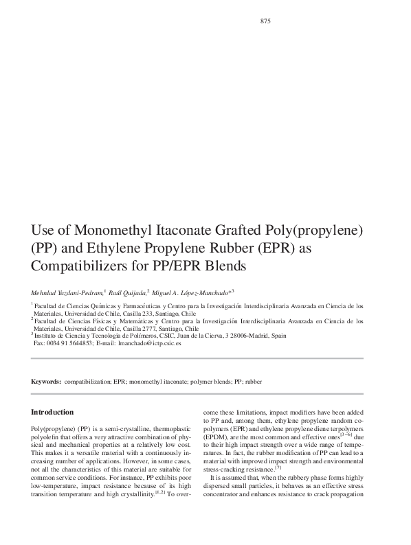 (PDF) Use of Monomethyl Itaconate Grafted Poly(propylene)(PP) and Ethylene Propylene Rubber(EPR ...