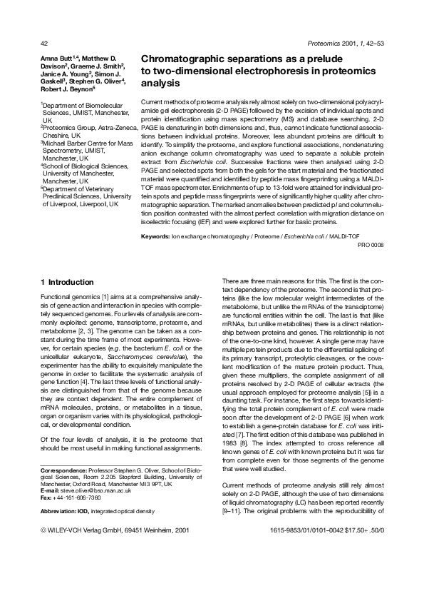 (PDF) Chromatographic separations as a prelude to two-dimensional electrophoresis in proteomics ...