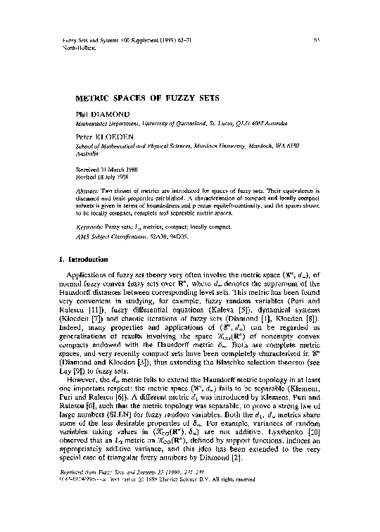 (PDF) Metric spaces of fuzzy sets