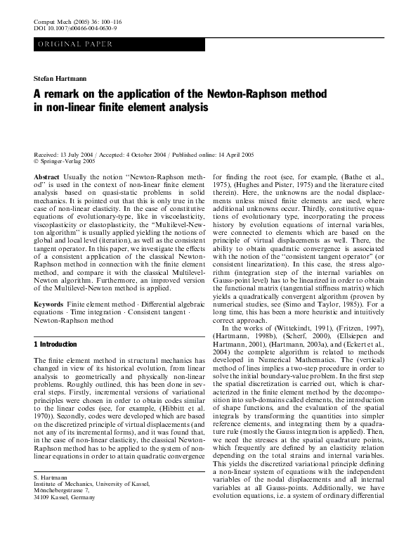 (PDF) A remark on the application of the Newton-Raphson method in non-linear finite element analysis