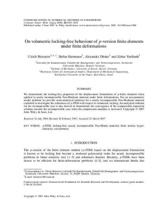 Pdf On Volumetric Locking Free Behaviour Of P Version Finite Elements Under Finite Deformations