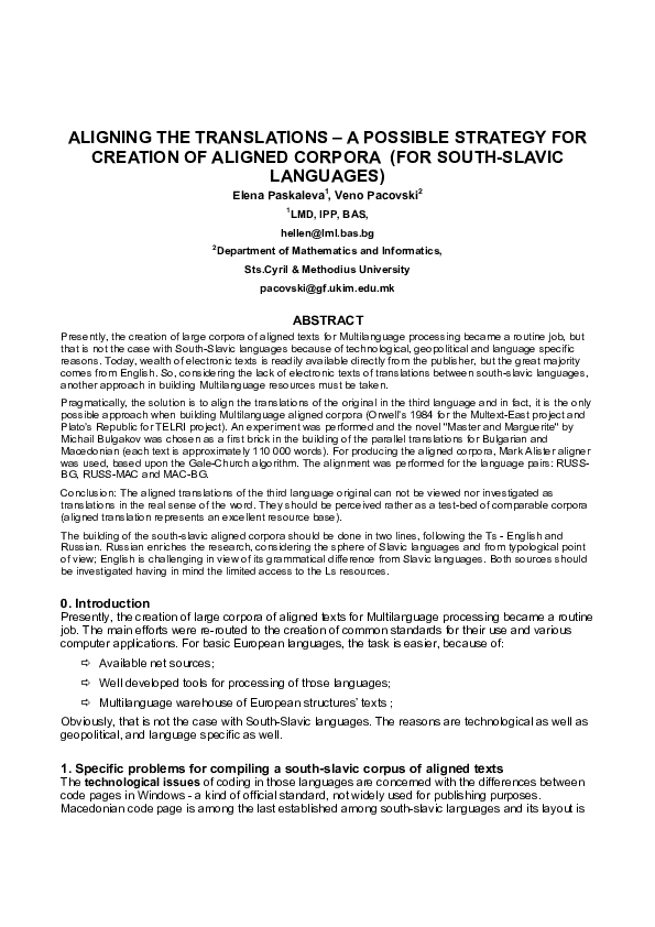(PDF) Aligning the Translations – a Possible Strategy for Creation of Aligned Corpora (For South ...
