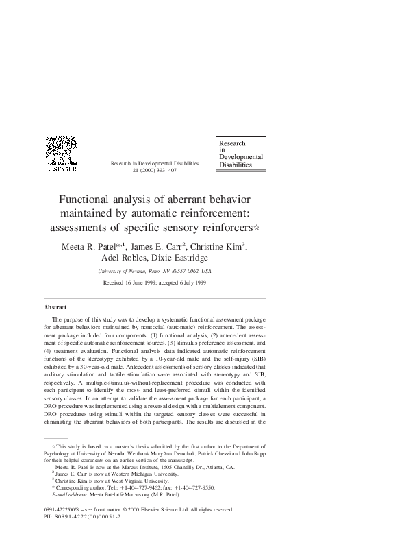 (PDF) Functional analysis of aberrant behavior maintained by automatic ...