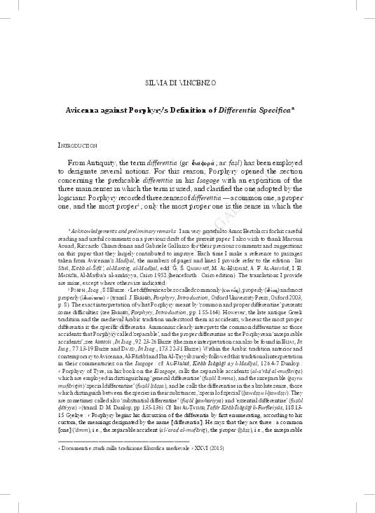 (PDF) «Avicenna against Porphyry's definition of Differentia Specifica ...