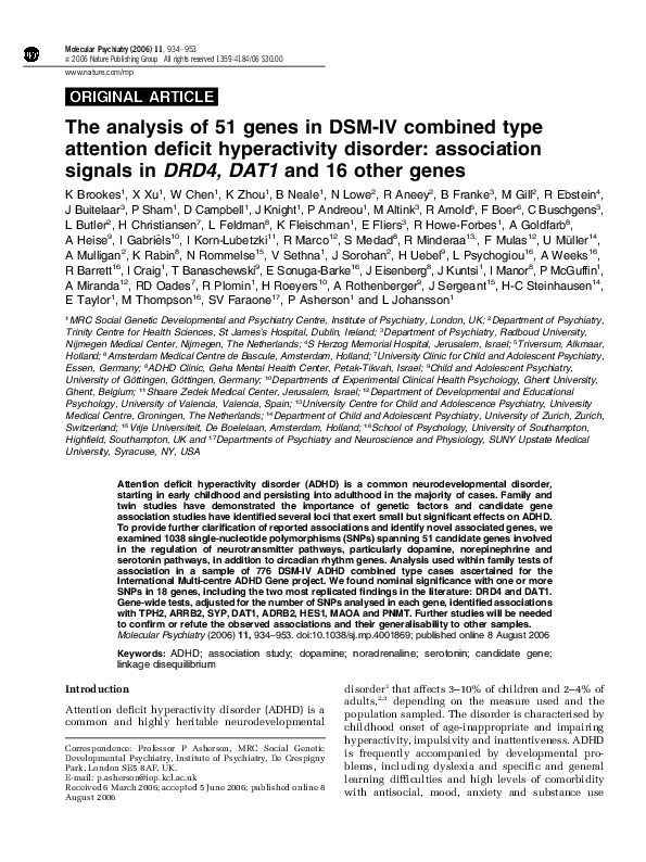 (PDF) The analysis of 51 genes in DSM-IV combined type attention deficit hyperactivity disorder ...