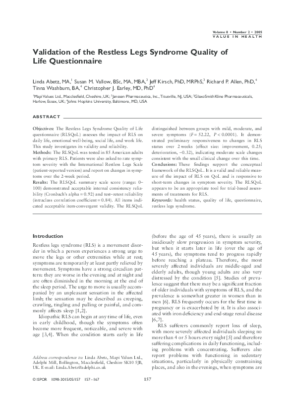 (PDF) Validation of the Restless Legs Syndrome Quality of Life ...