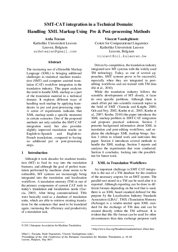 (PDF) SMT-CAT integration in a Technical Domain: Handling XML Markup Using Pre & Post-processing ...