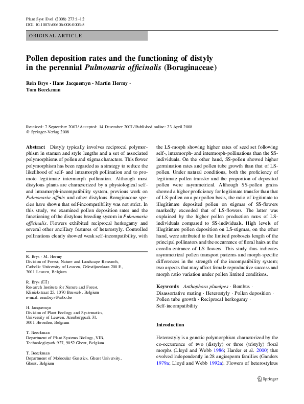 (PDF) Pollen deposition rates and the functioning of distyly in the ...
