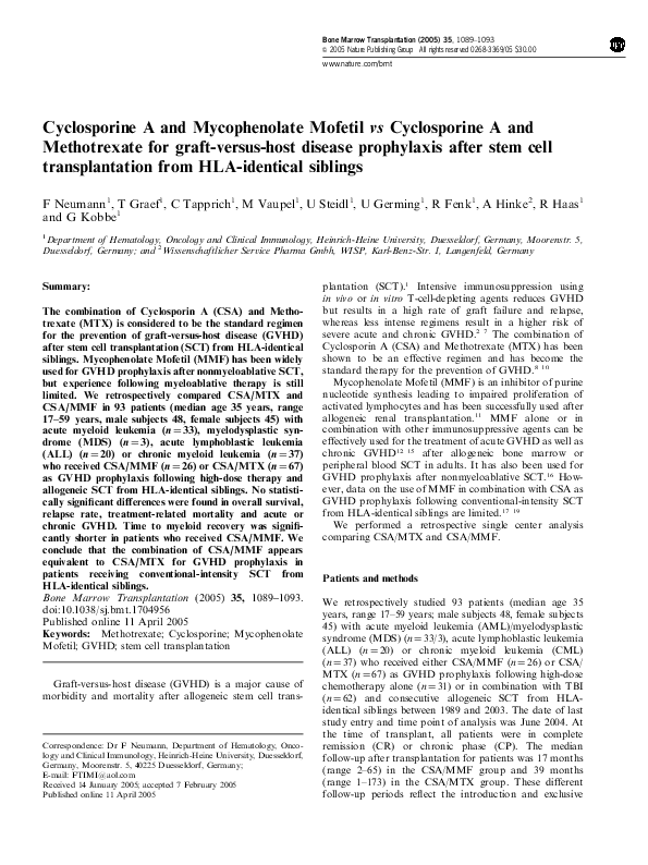 (PDF) Cyclosporine A and Mycophenolate Mofetil vs Cyclosporine A and ...
