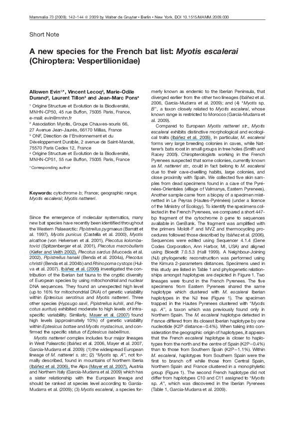 (PDF) A new species for the French bat list: Myotis escalerai ...