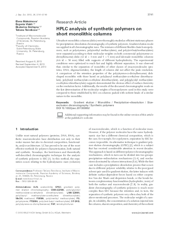 Pdf Hplc Analysis Of Synthetic Polymers On Short Monolithic Columns