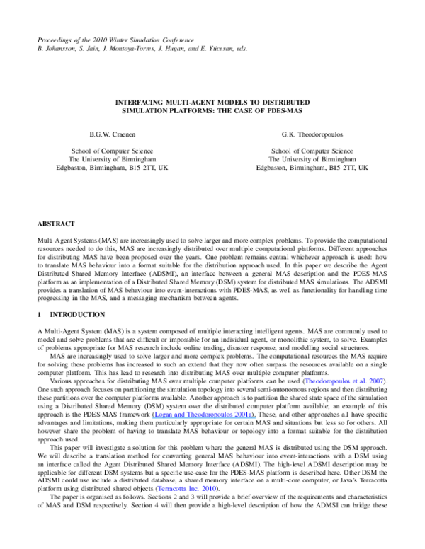 Pdf Interfacing Multi Agent Models To Distributed Simulation Platforms The Case Of Pdes Mas