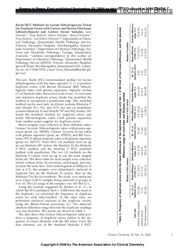 (PDF) Roche IFCC Methods for Lactate Dehydrogenase Tested for Duplicate ...