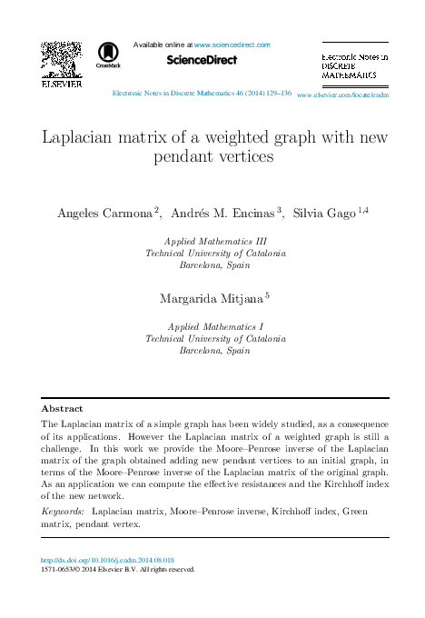 (PDF) Laplacian matrix of a weighted graph with new pendant vertices