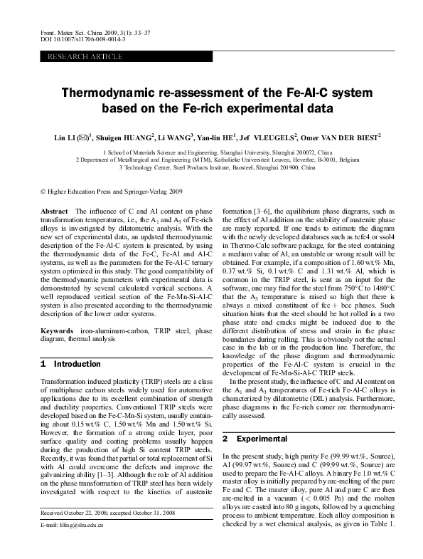(PDF) Thermodynamic re-assessment of the Fe-Al-C system based on the Fe-rich experimental data
