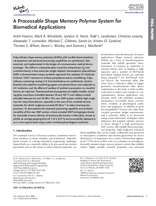 (PDF) A Processable Shape Memory Polymer System for Biomedical Applications