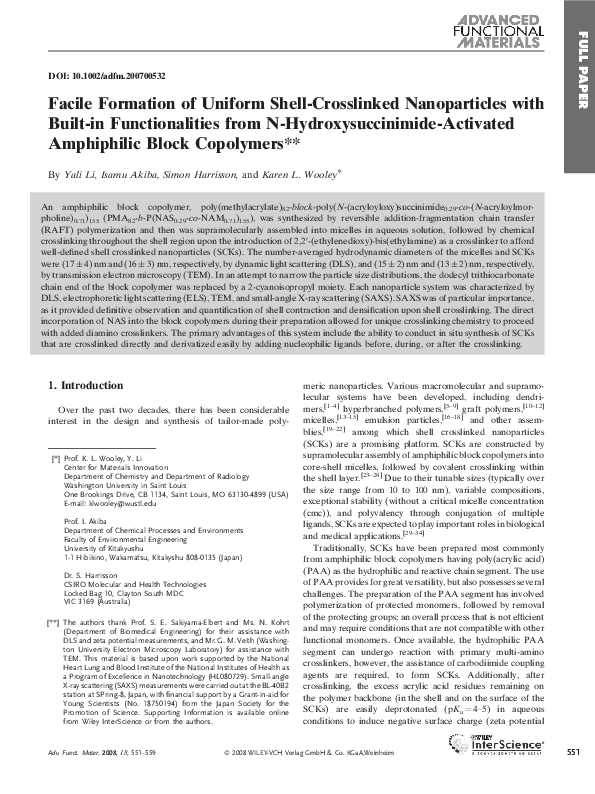 (PDF) Facile Formation of Uniform Shell-Crosslinked Nanoparticles with Built-in Functionalities ...