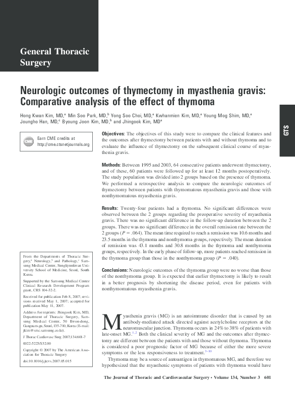 (PDF) Neurologic outcomes of thymectomy in myasthenia gravis: Comparative analysis of the effect ...