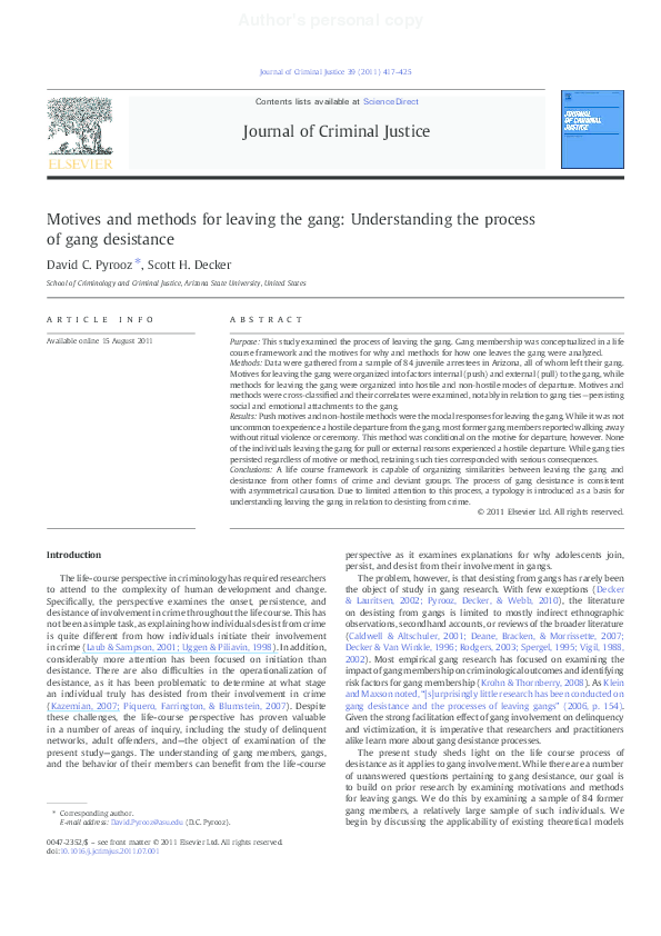 (PDF) Motives and methods for leaving the gang: Understanding the ...