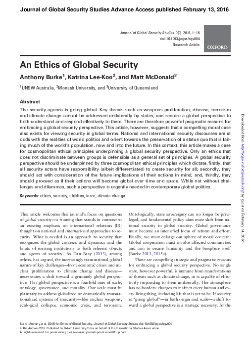 (PDF) An Ethics of Global Security, Journal of Global Security Studies ...