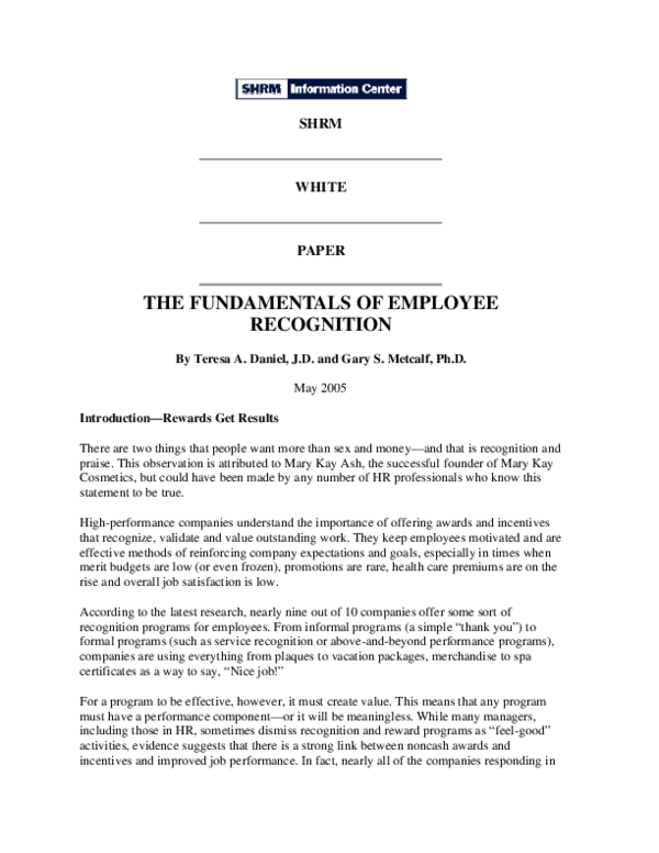 (PDF) The fundamentals of employee recognition