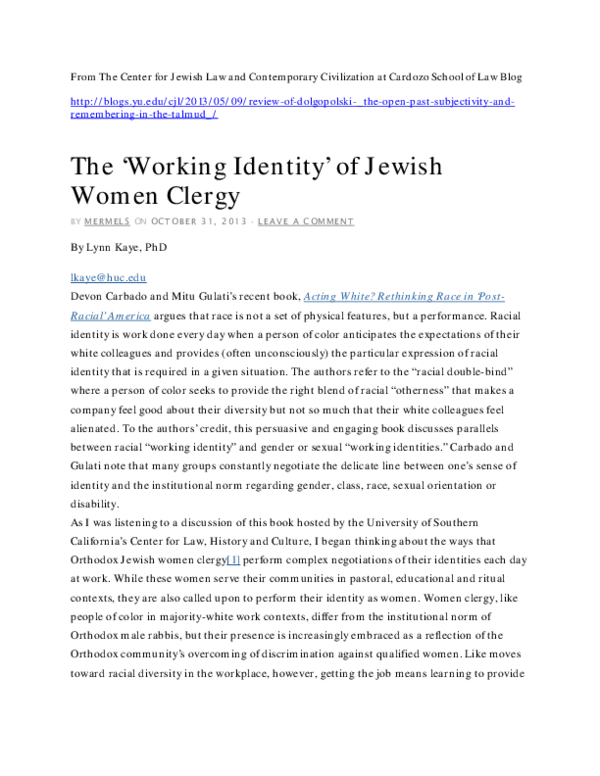 (PDF) The "Working Identity" of Orthodox Jewish Women Clergy