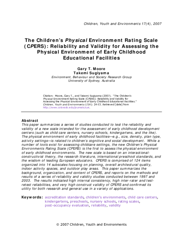 (PDF) The Children's Physical Environment Rating Scale (CP ERS): Reliability and Validity for ...