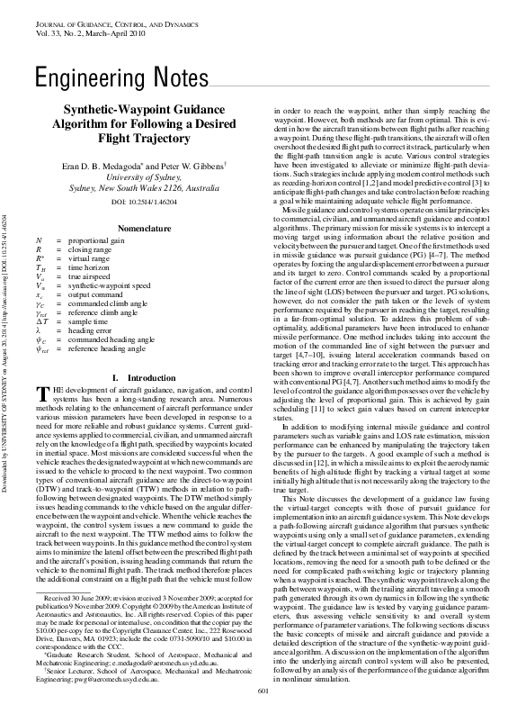 (PDF) Synthetic-Waypoint Guidance Algorithm for Following a Desired Flight Trajectory