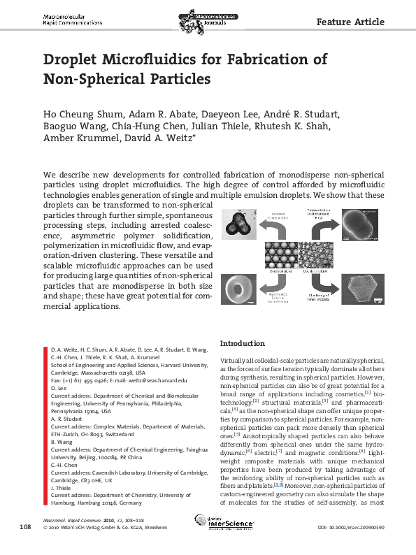 (PDF) Droplet Microfluidics for Fabrication of Non-Spherical Particles