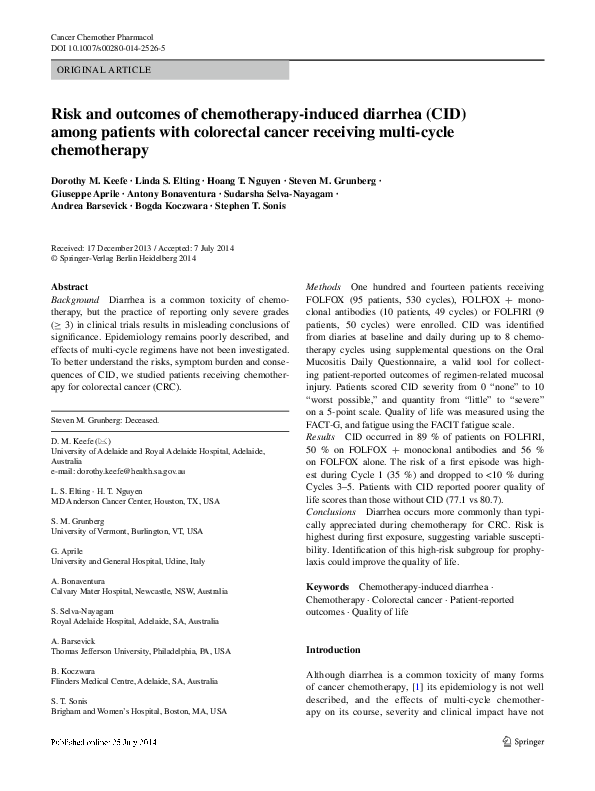 (PDF) Risk and outcomes of chemotherapy-induced diarrhea (CID) among ...