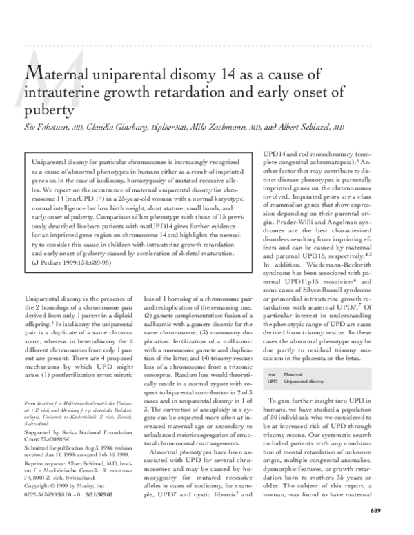 (PDF) Maternal uniparental disomy 14 as a cause of intrauterine growth ...