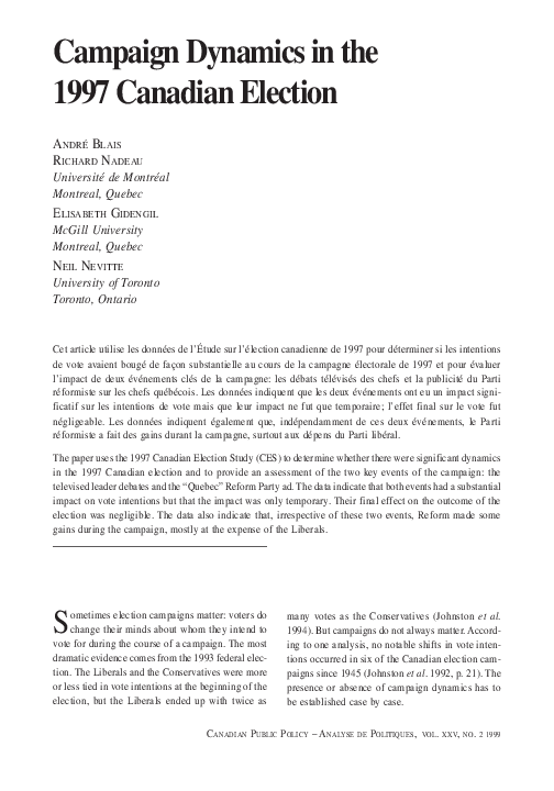 (PDF) Campaign Dynamics in the 1997 Canadian Election