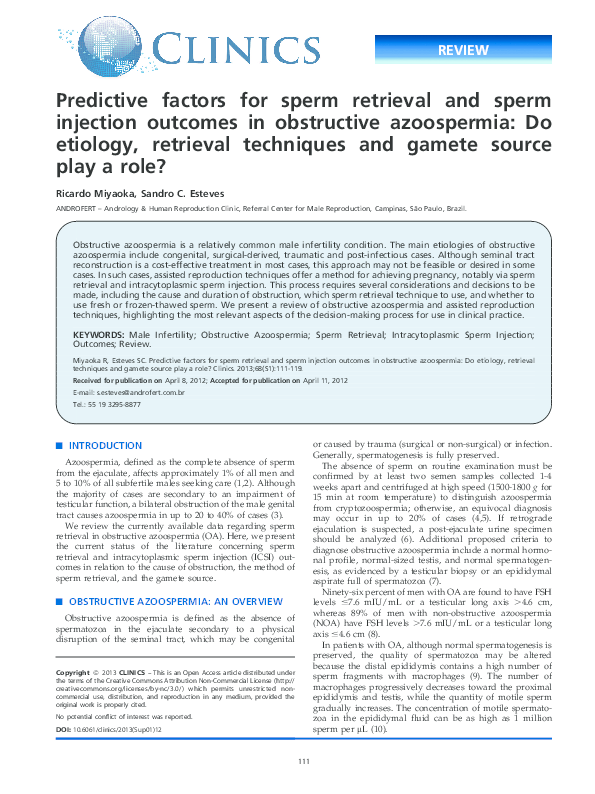 (PDF) Predictive factors for sperm retrieval and sperm injection outcomes in obstructive ...