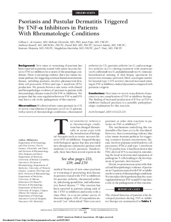 (PDF) Psoriasis and Pustular Dermatitis Triggered by TNF-α Inhibitors ...