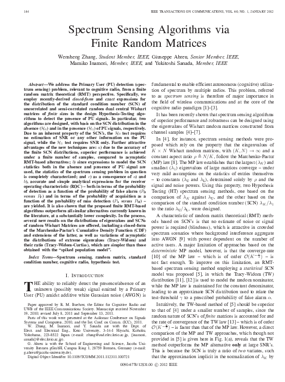 Pdf Spectrum Sensing Algorithms Via Finite Random Matrices Wensheng Zhang
