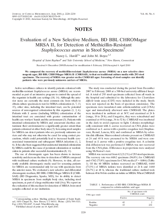 (PDF) Evaluation of a New Selective Medium, BD BBL CHROMagar MRSA II ...