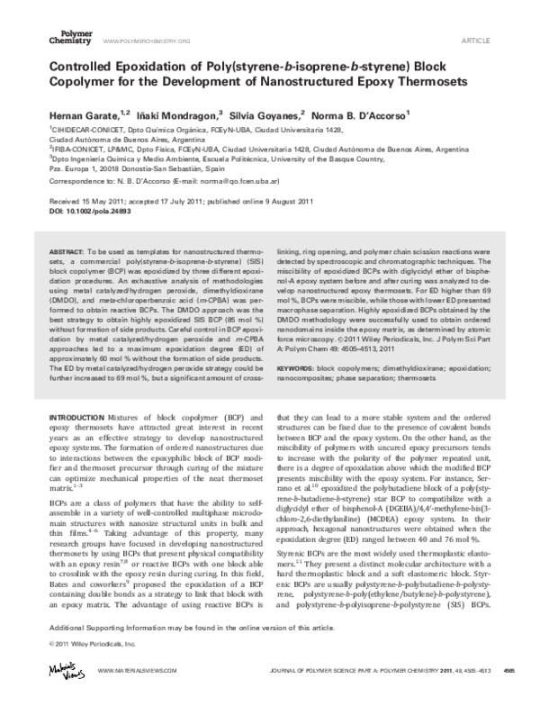 (PDF) Controlled epoxidation of poly(styrene-b-isoprene-b-styrene ...