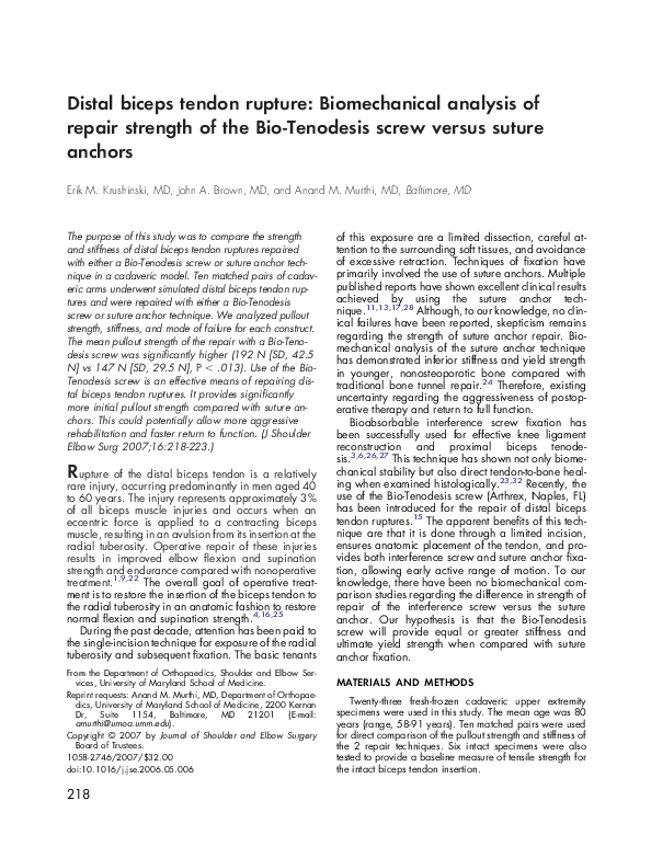 (PDF) Distal biceps tendon rupture: Biomechanical analysis of repair ...