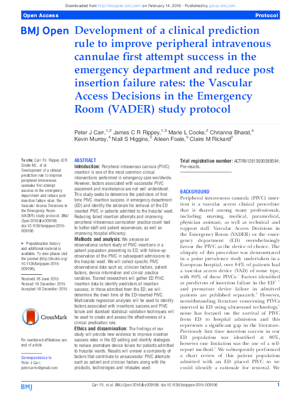 (PDF) Development of a clinical prediction rule to improve peripheral intravenous cannulae first ...
