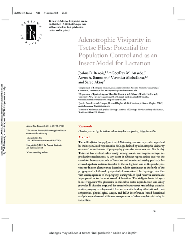 (PDF) Adenotrophic viviparity in tsetse flies: potential for population ...