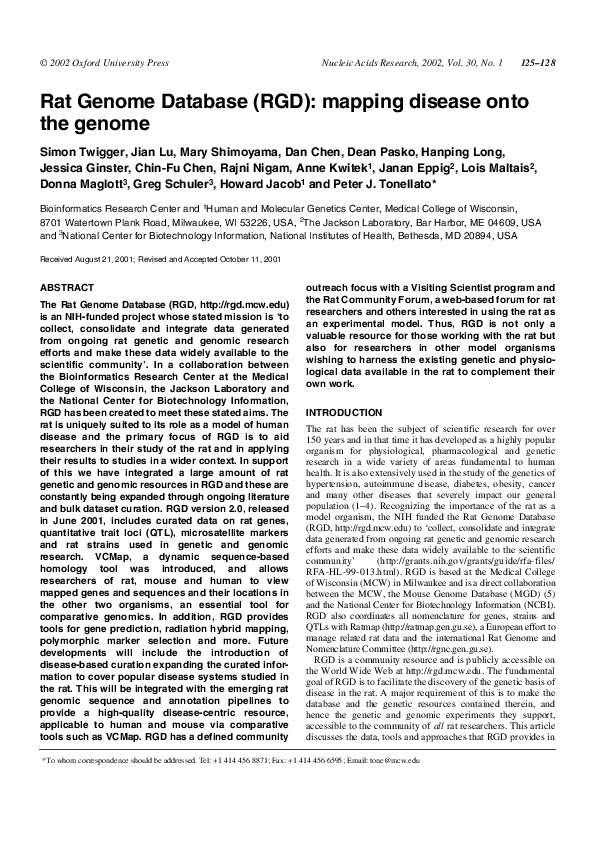 (PDF) Rat Genome Database (RGD): mapping disease onto the genome