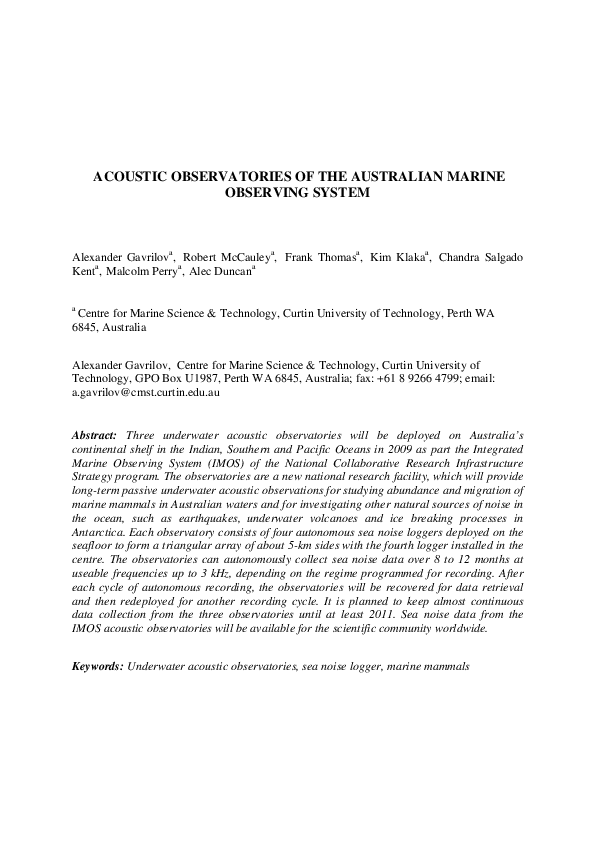(PDF) Acoustic Observatories of the Australian Marine Observing System
