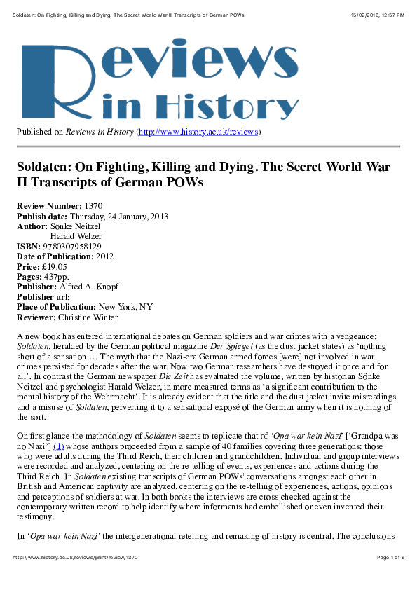 (PDF) Book Review - Soldaten: On Fighting, Killing and Dying. The ...