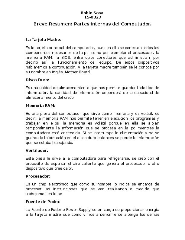 (DOC) Breve Resumen: Partes Internas del Computador