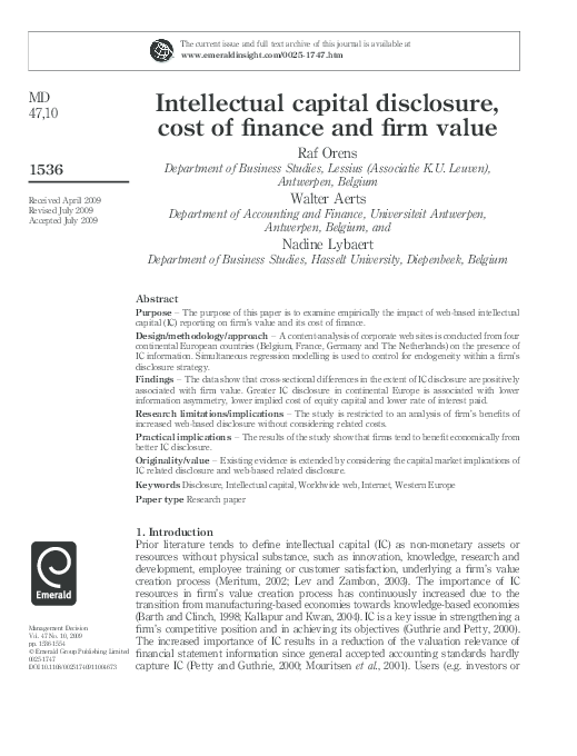 (PDF) Intellectual capital disclosure, cost of finance and firm value