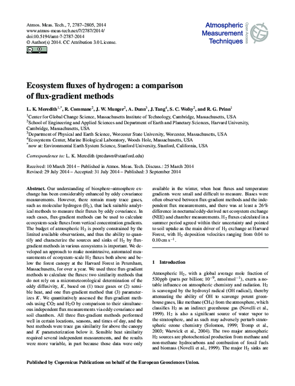 (PDF) Ecosystem fluxes of hydrogen: a comparison of flux-gradient methods