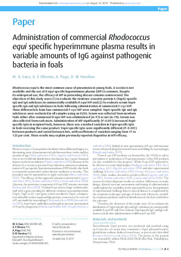 (PDF) Administration of commercial Rhodococcus equi specific ...