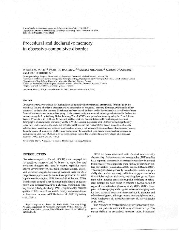 (PDF) Procedural and declarative memory in obsessive-compulsive disorder